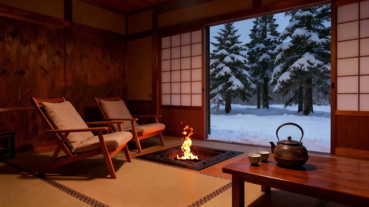 [4K] Japanese Winter Ryokan Cabin 🌙 Quiet Snowy Night Interior ️ Soft ...